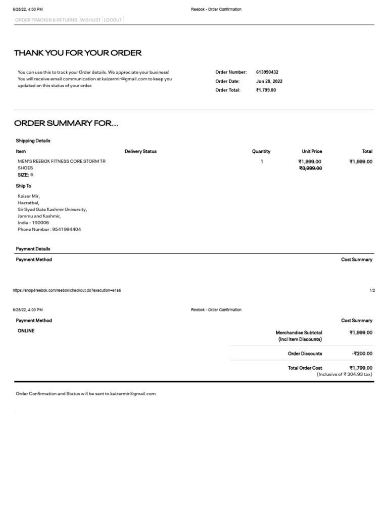 Reebok - Order Confirmation Kaiser | PDF