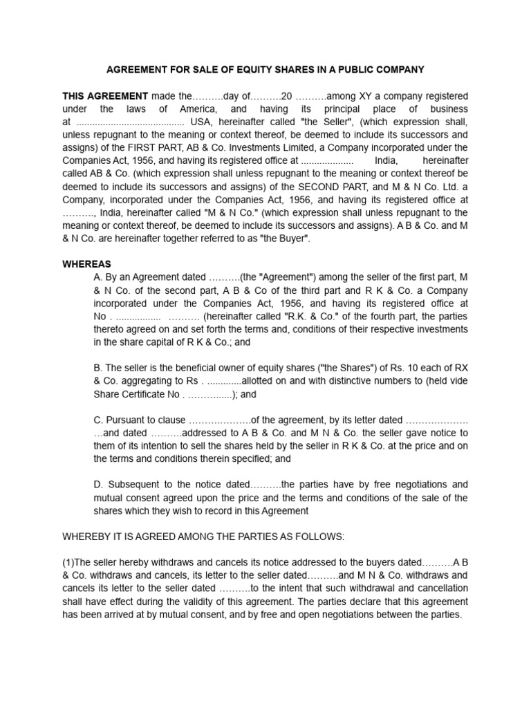 Sale Agreement for Equity Shares | PDF | Business | Law
