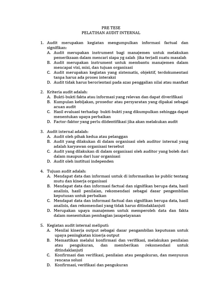 PRE TEST AUDIT INTERNAL | PDF