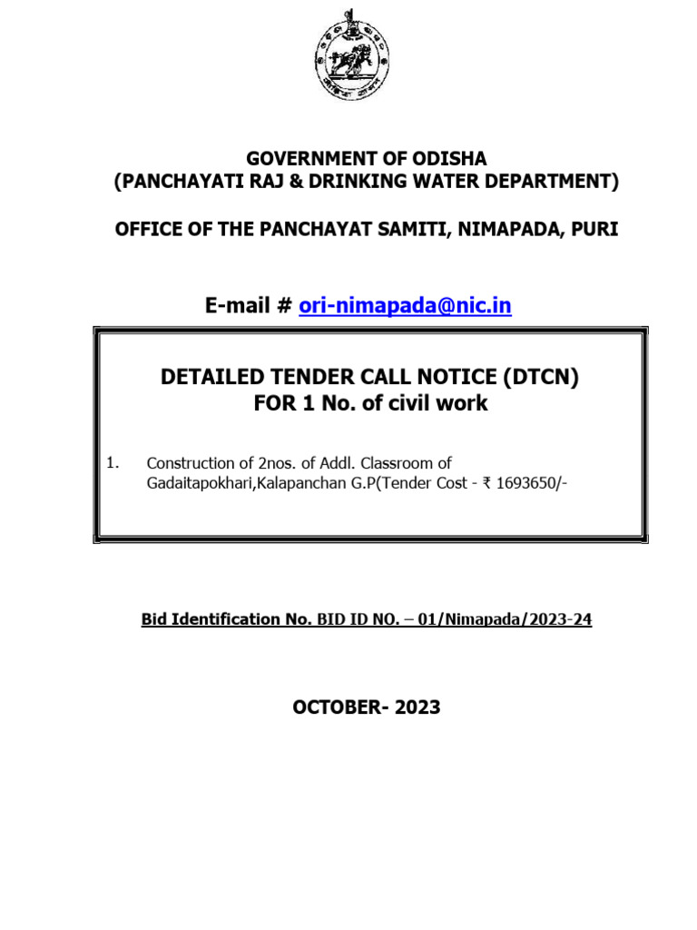 E-Mail # Detailed Tender Call Notice (DTCN) FOR 1 No. of Civil Work | PDF