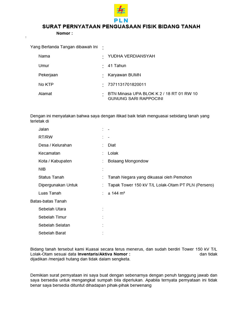 Surat Pernnyataan Aset PLN Diat Print 3 Rangkap | PDF