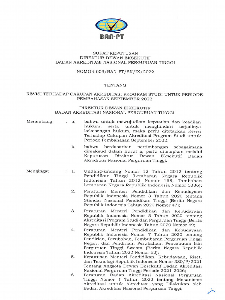 SK Dir DE BAN PT No 009.BAN PT - SK - .IX - .2022 Revisi Terhadap Cakupan Akreditasi Prodi Utk ...