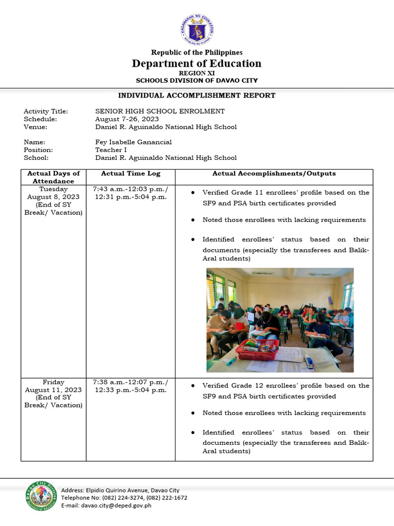 Enrollment Accomplishment Report | PDF