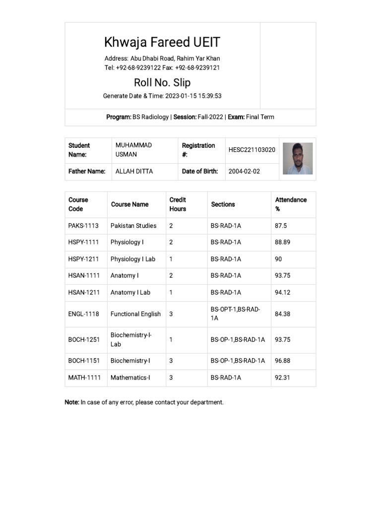 KFUEIT - RollNo - Slip | PDF