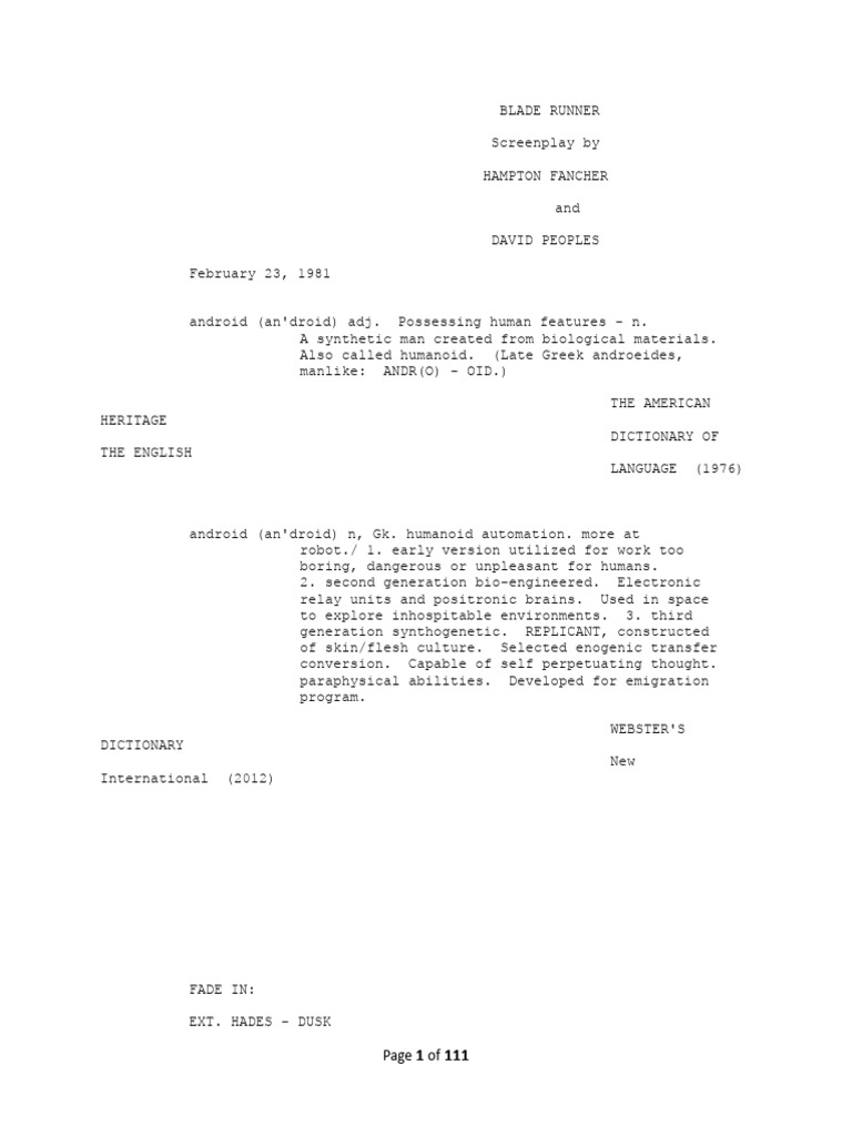 BLADE RUNNER Shooting Script | PDF