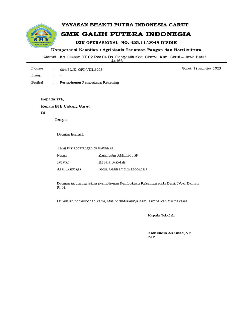 Permohonan Rekening Bank BJB Sekolah | PDF