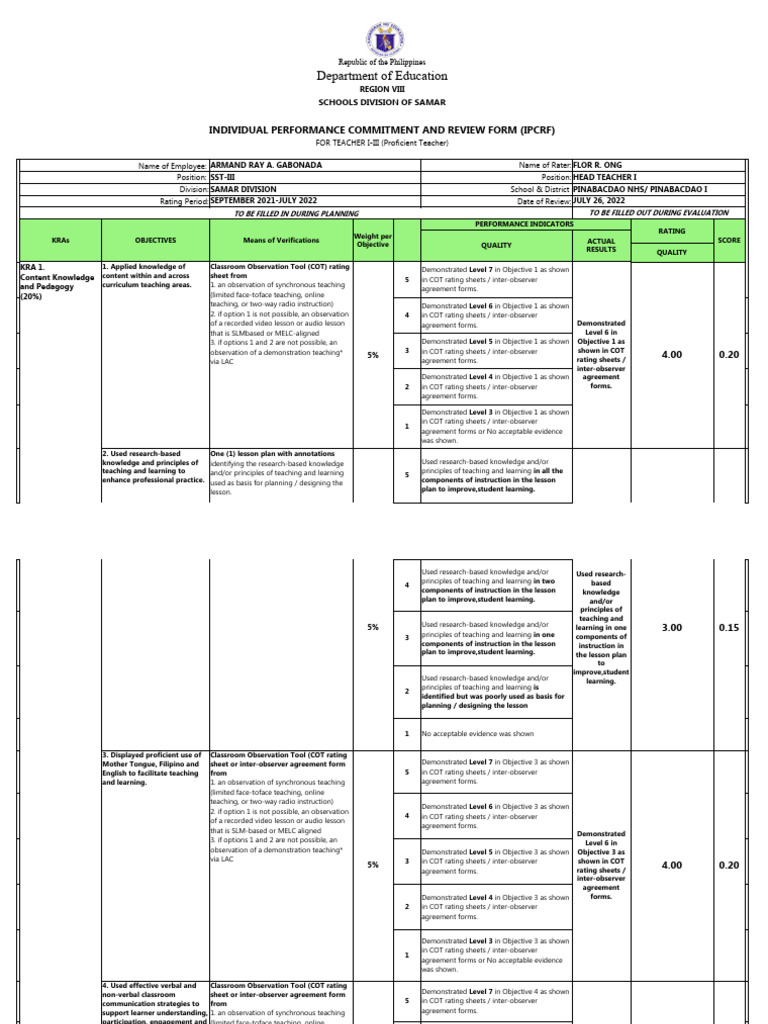 Ipcrf Template Teachers I III | PDF