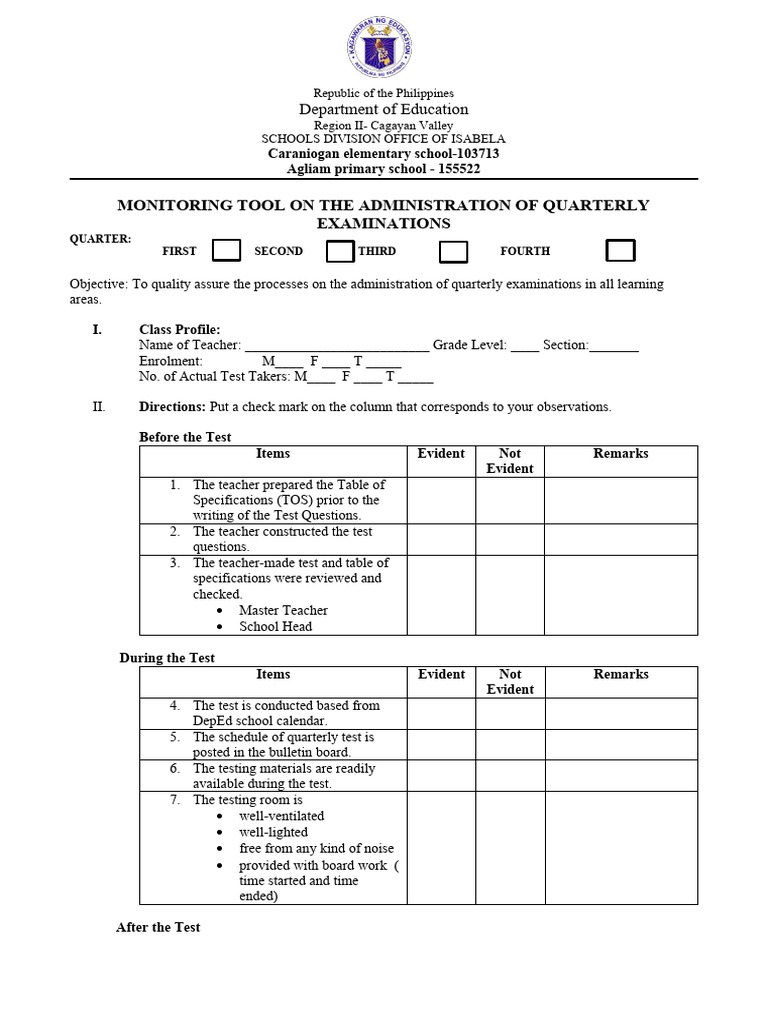 Monitoring Tool On Quarterly Exam | PDF