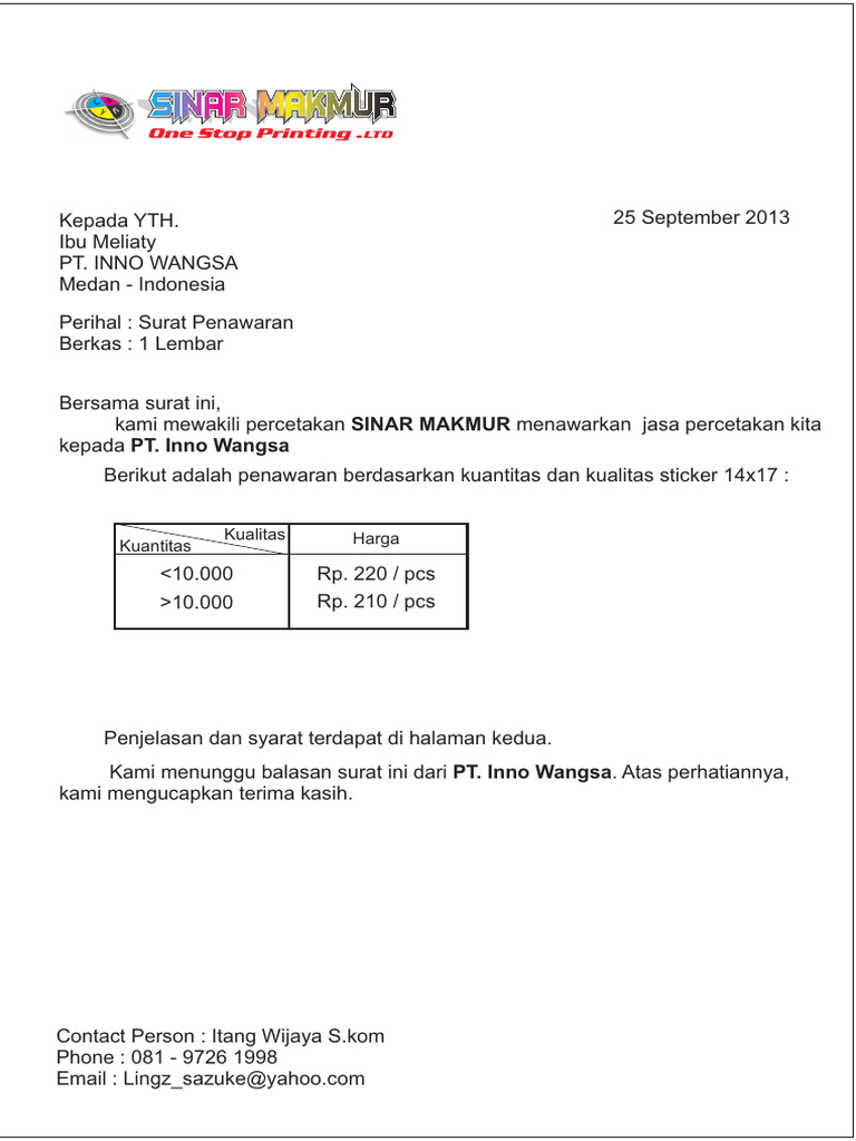 Surat Penawaran PT Inno Wangsa Baru | PDF | Griya & Taman