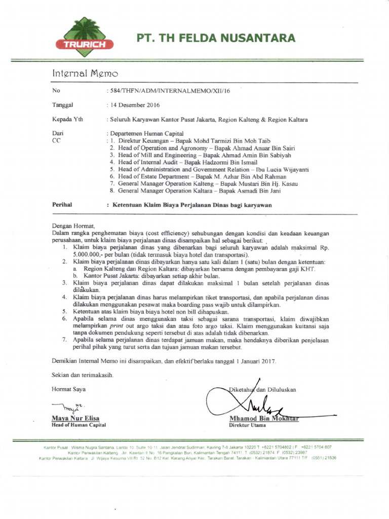 Internal Memo Ketentuan Perjalanan Dinas | PDF