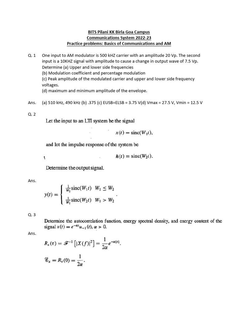 AM Modulation Practice Problems 2022-23 | PDF