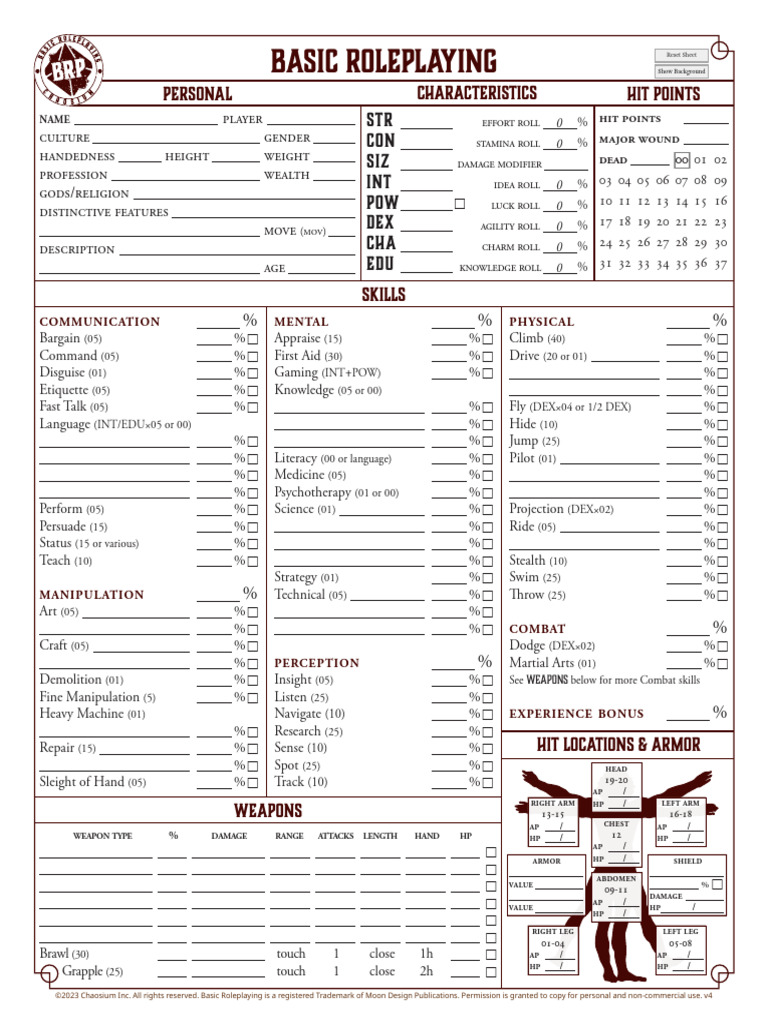 BRP Character Sheet - Hit Locations - Fillable | PDF