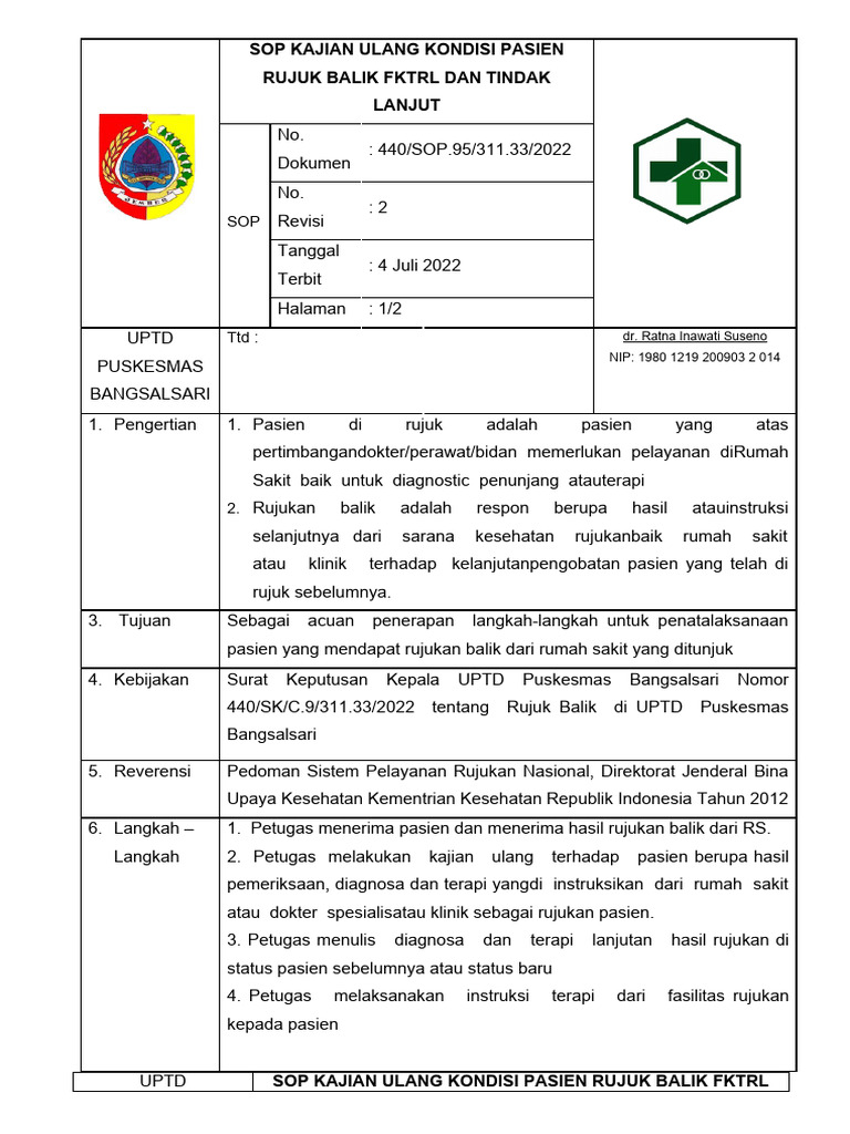 Sop Kajian Ulang Kondisi Pasien Rujuk Balik FKTRL Dan Tindak Lanjut | PDF