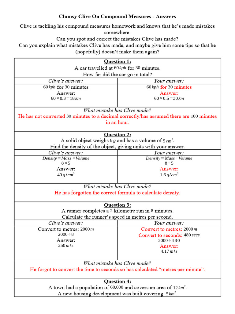 Clumsy Clive's Compound Measures Errors | PDF