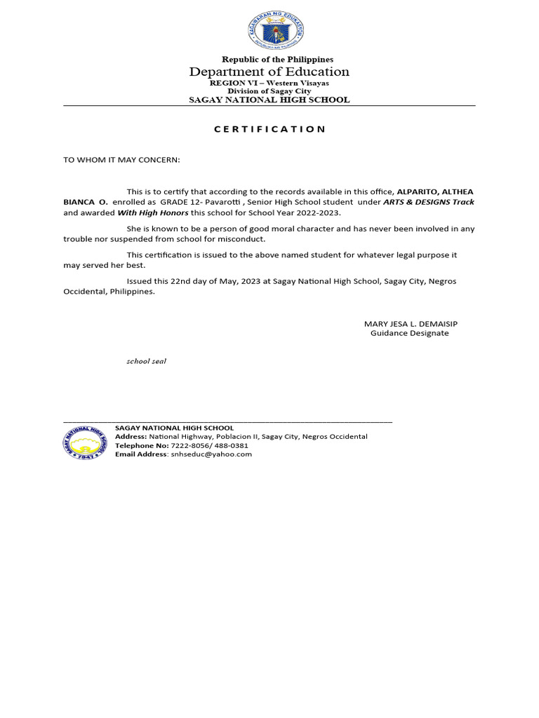 Certification of High Honors Student | PDF