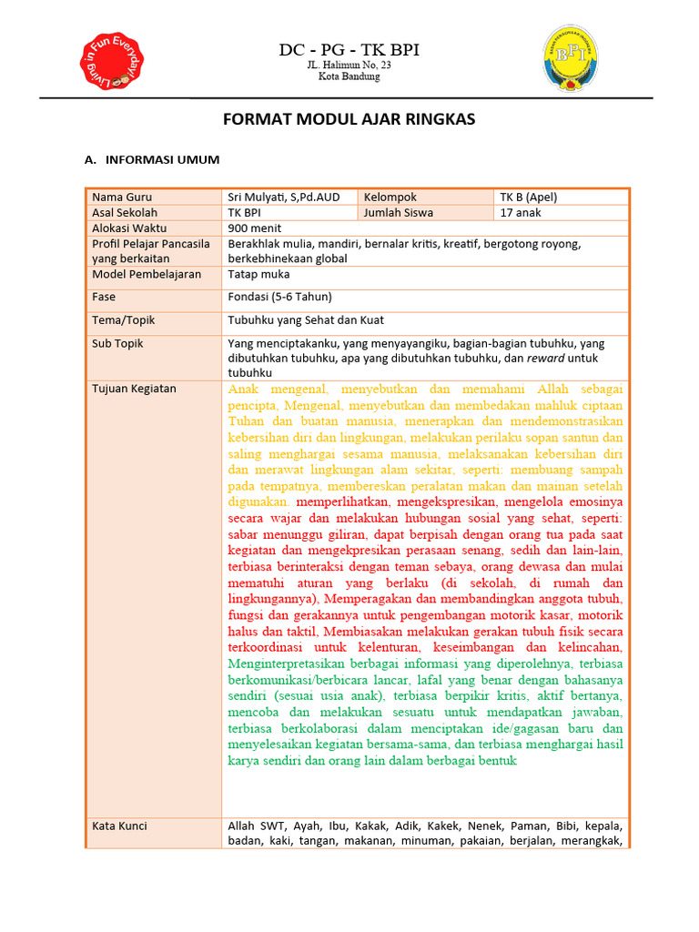 Contoh Modul Ajar TK Bpi | PDF