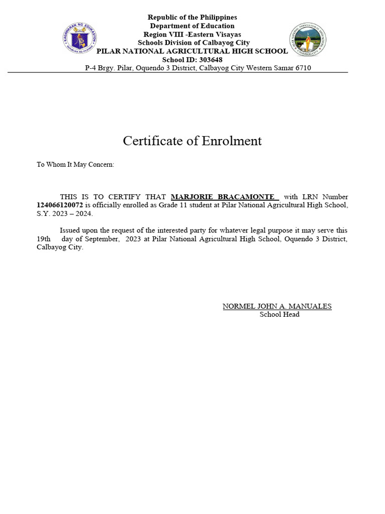 Certificate of Enrollment | PDF | Philippines