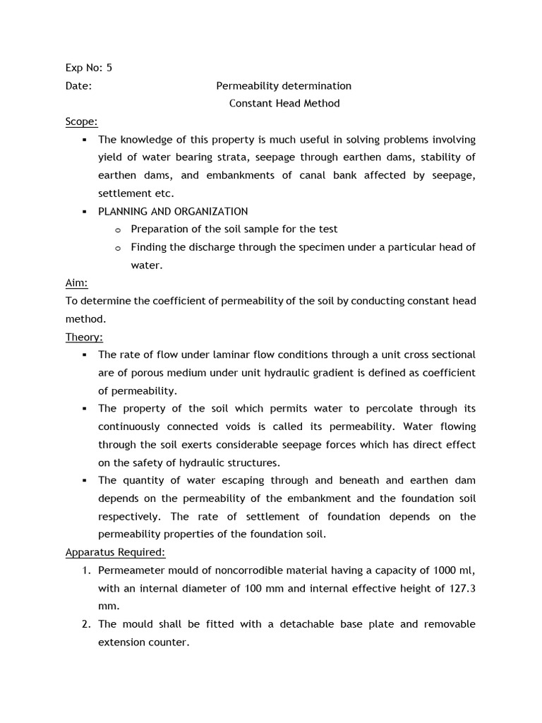 Exp No.5 - Constant Head Method | PDF