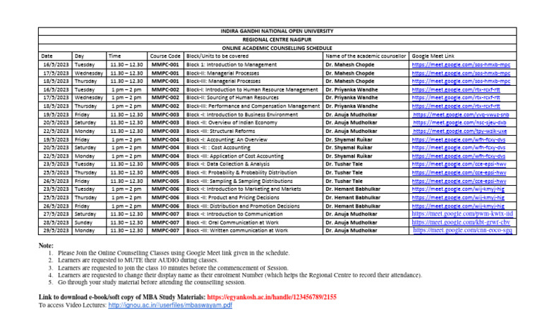 MBA Online Academic Counselling Schedule | PDF