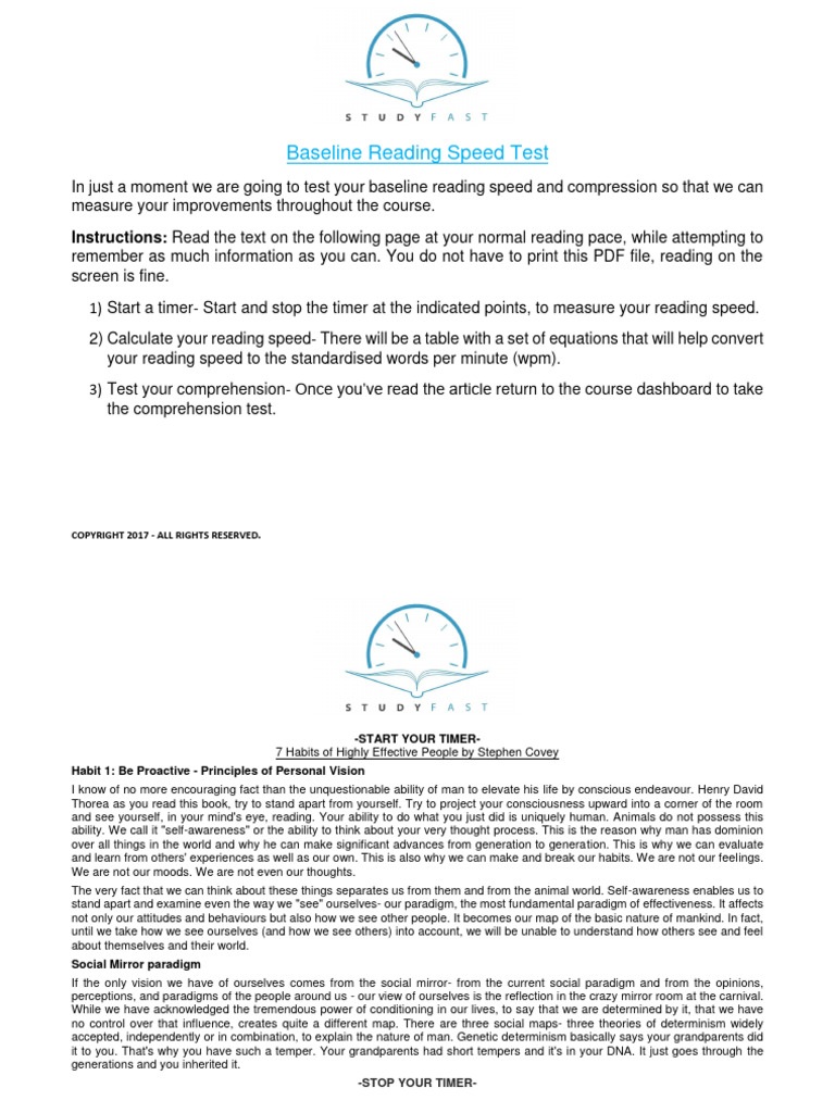 Baseline Reading Speed Test | PDF