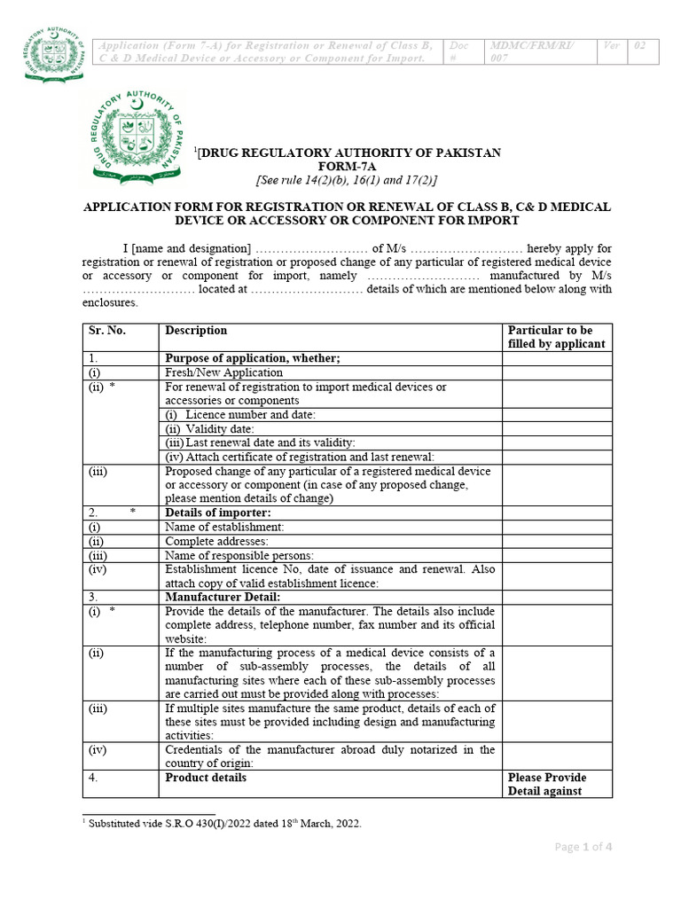 Application Form 7 A For Registration or Renewal of Class B C D Medical ...