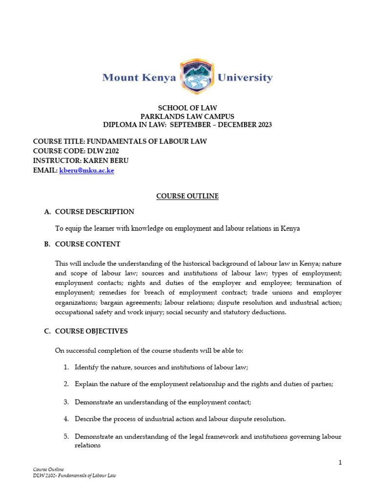 Course Outline Fundamentals of Labour Law | PDF