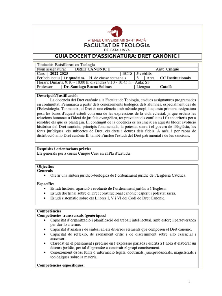 Guia Docent Dret Canònic I 2022-23 | PDF