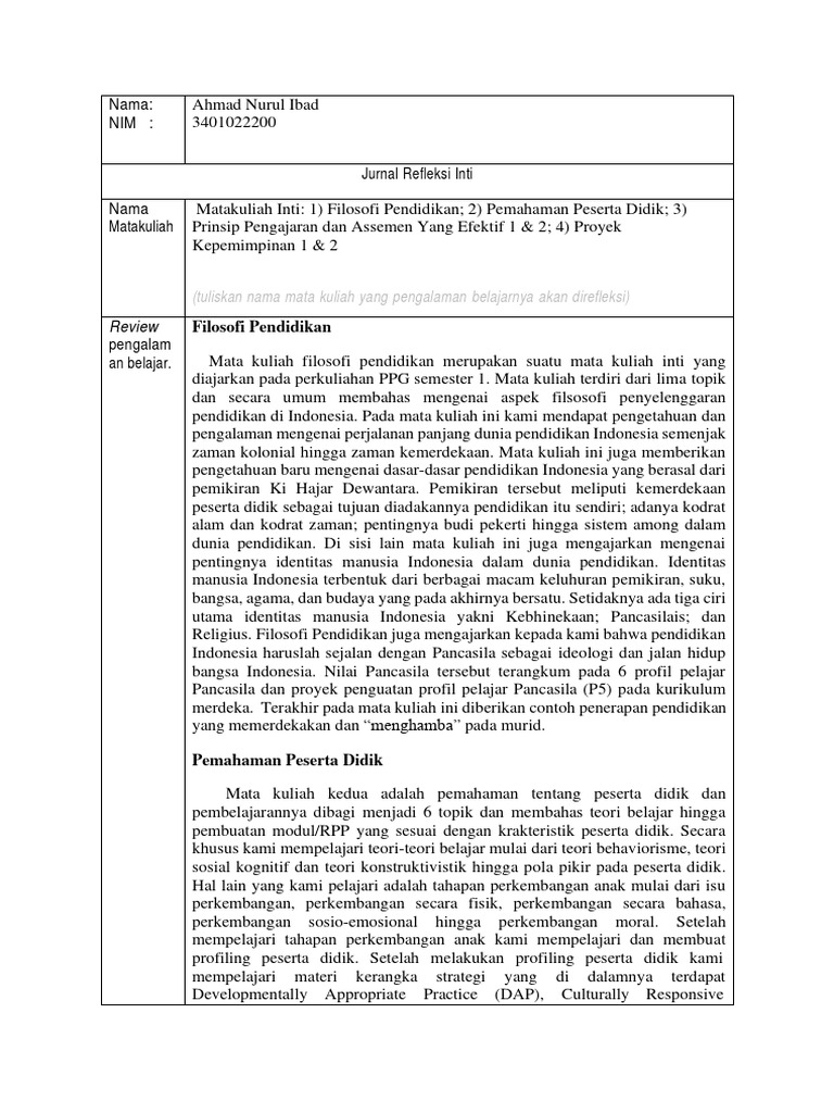 Jurnal Refleksi Mata Kuliah Inti - Ibad | PDF