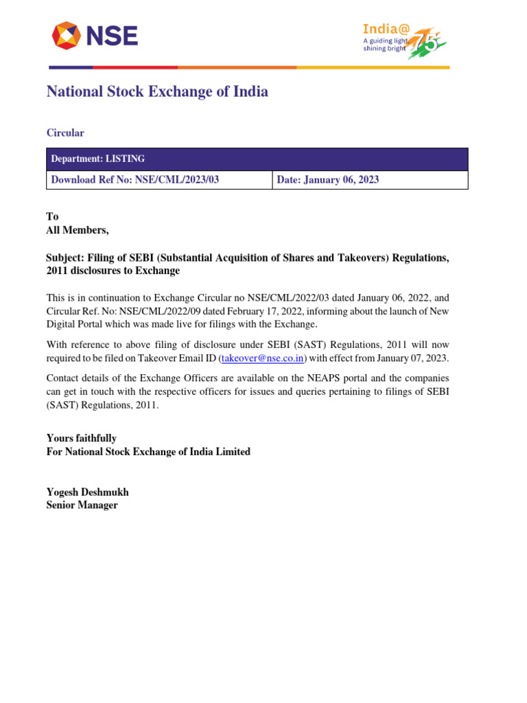 NSE Circular on SEBI Disclosure Filings | PDF | Finance & Money Management