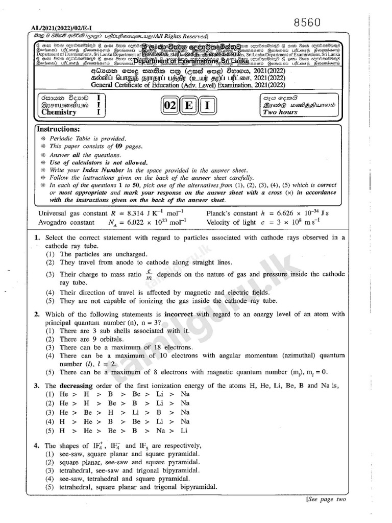 2021 AL Chemistry Past Paper - English Medium | PDF