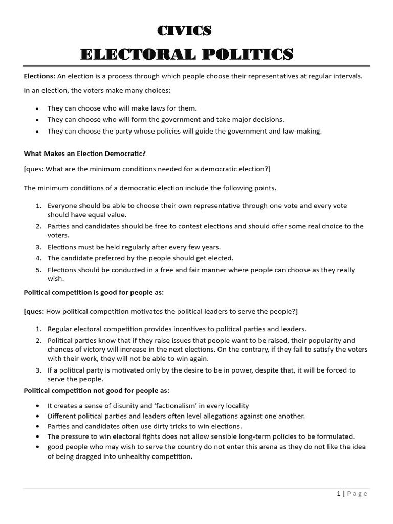 Electoral Politics Notes Class 9 | PDF