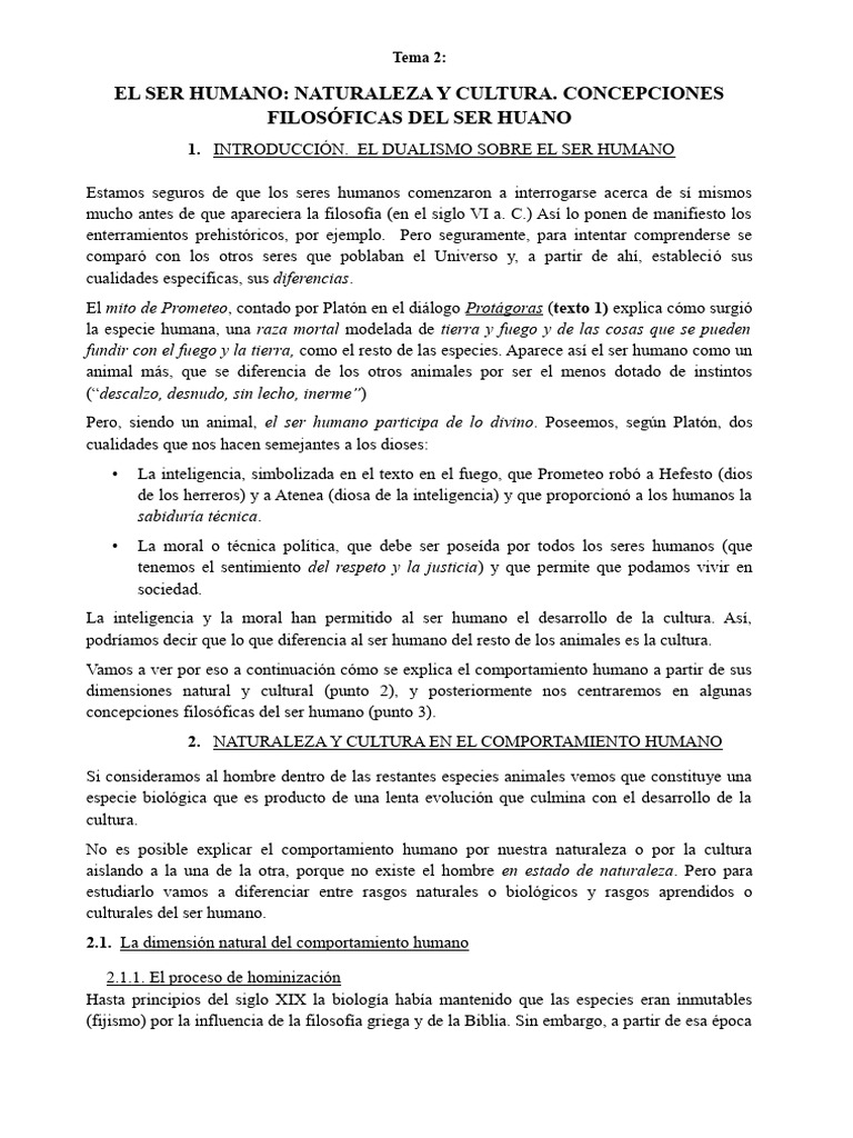 Tema 2. El Ser Humano, Naturaleza y Cultura. Concepciones Filosóficas Del Ser Humano. | PDF