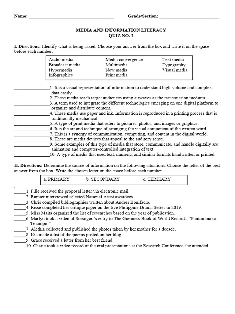 MEDIA AND INFORMATION LITERACY Quiz 2 | PDF | Mass Media | Information