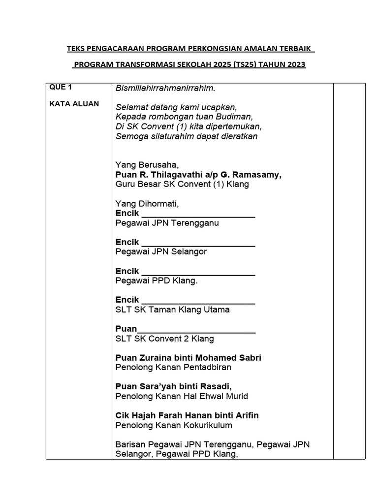 Teks Pengacara Lawatan Penanda Aras | PDF