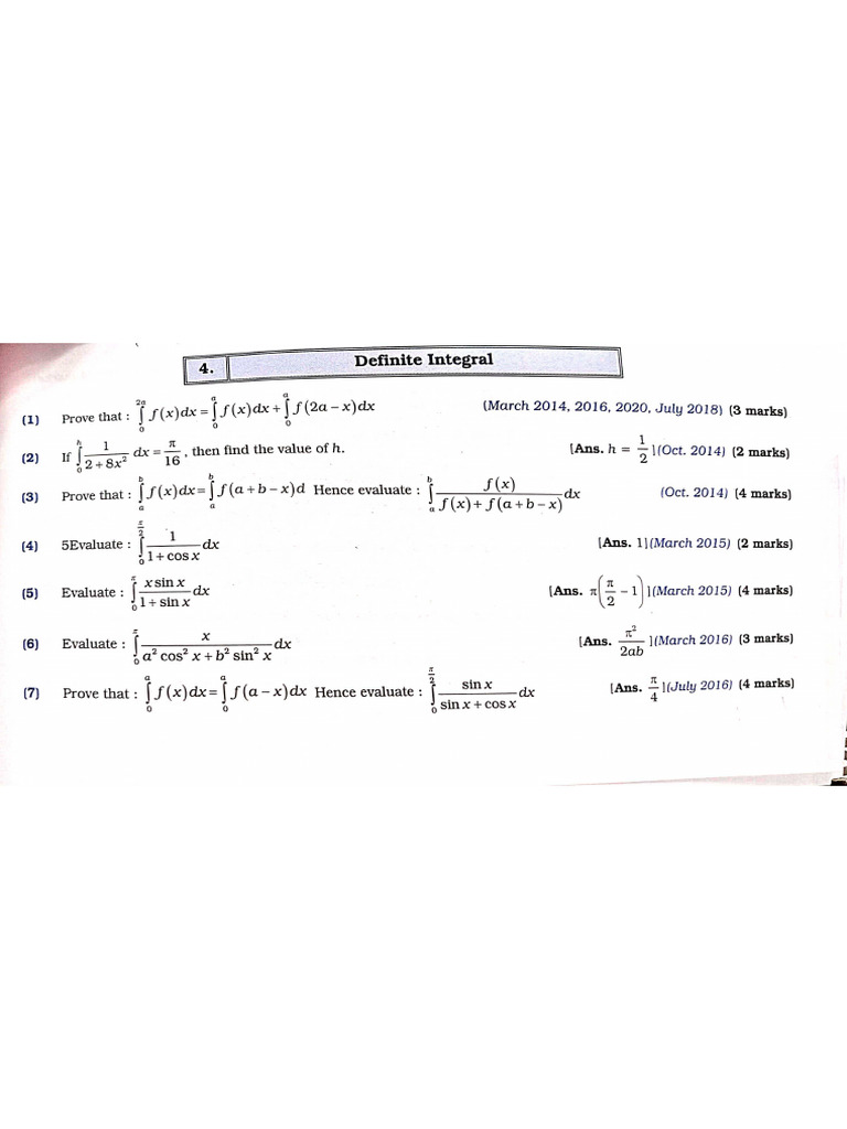 Definite Integration Question Bank Class XII | PDF