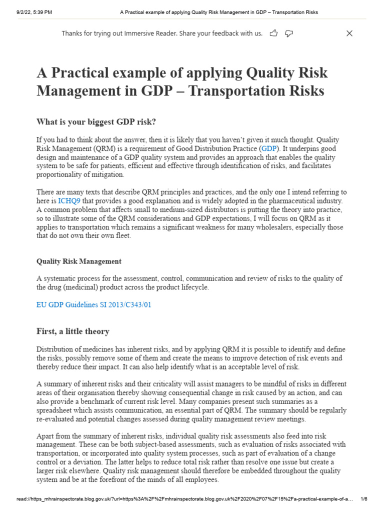 A Practical Example of Applying Quality Risk Management in GDP ...