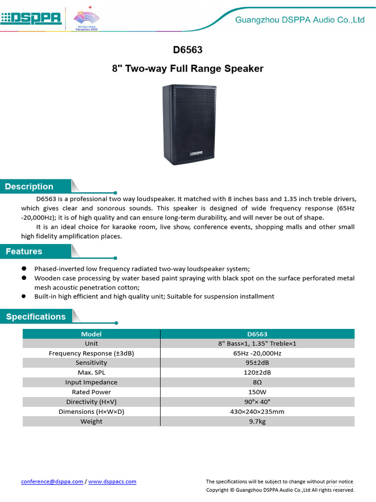 Data Sheet - D6563 8 Inch Two-Way Full Range Speaker | PDF