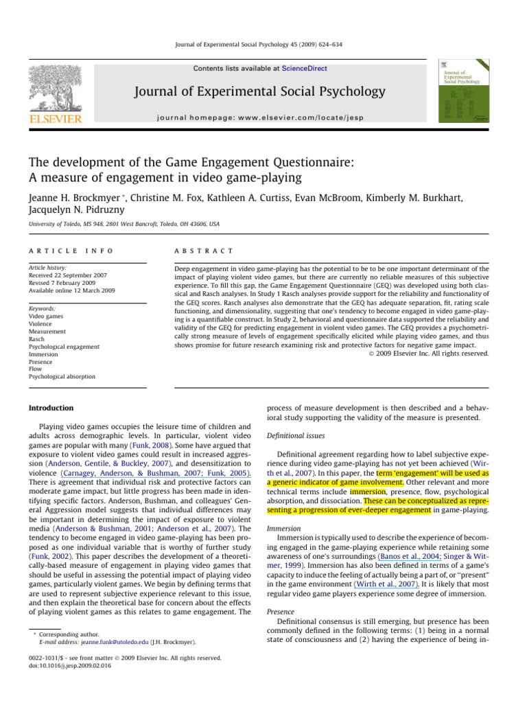The Development of The Game Engagement Questionnaire: A Measure of ...