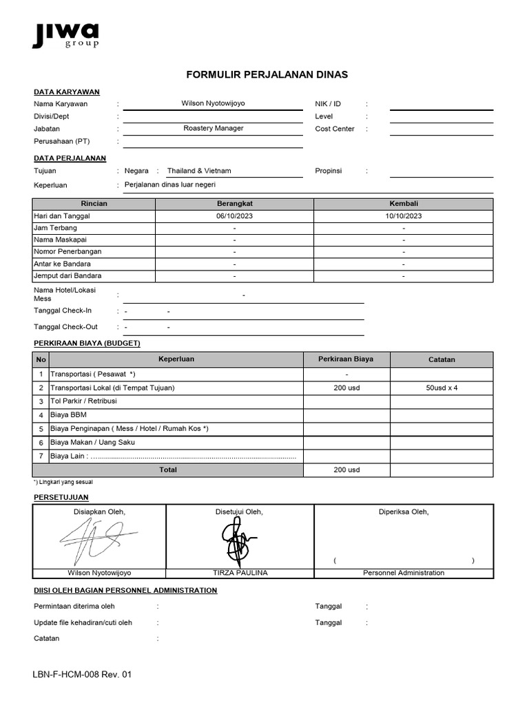 Formulir Perjalanan Dinas LBN 2023 | PDF