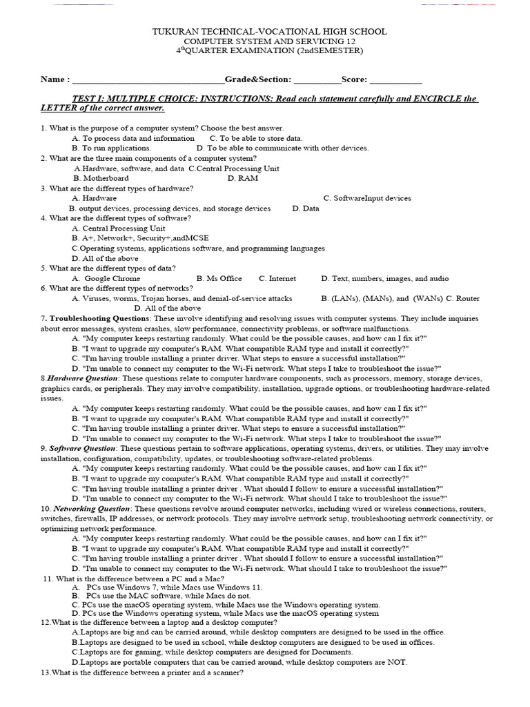 4TH Q CSS EXAM G12 Final | PDF | Computer Network | Computer Hardware