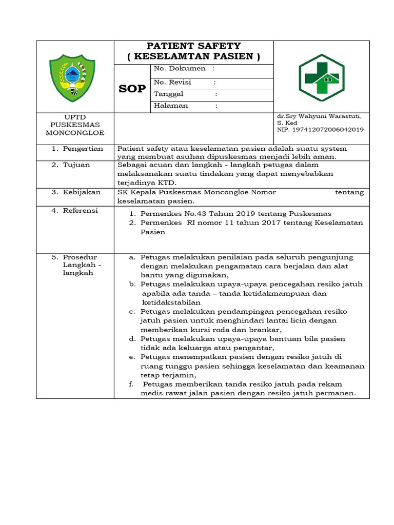 Sop Patient Safety (Keselamatan Pasien) | PDF