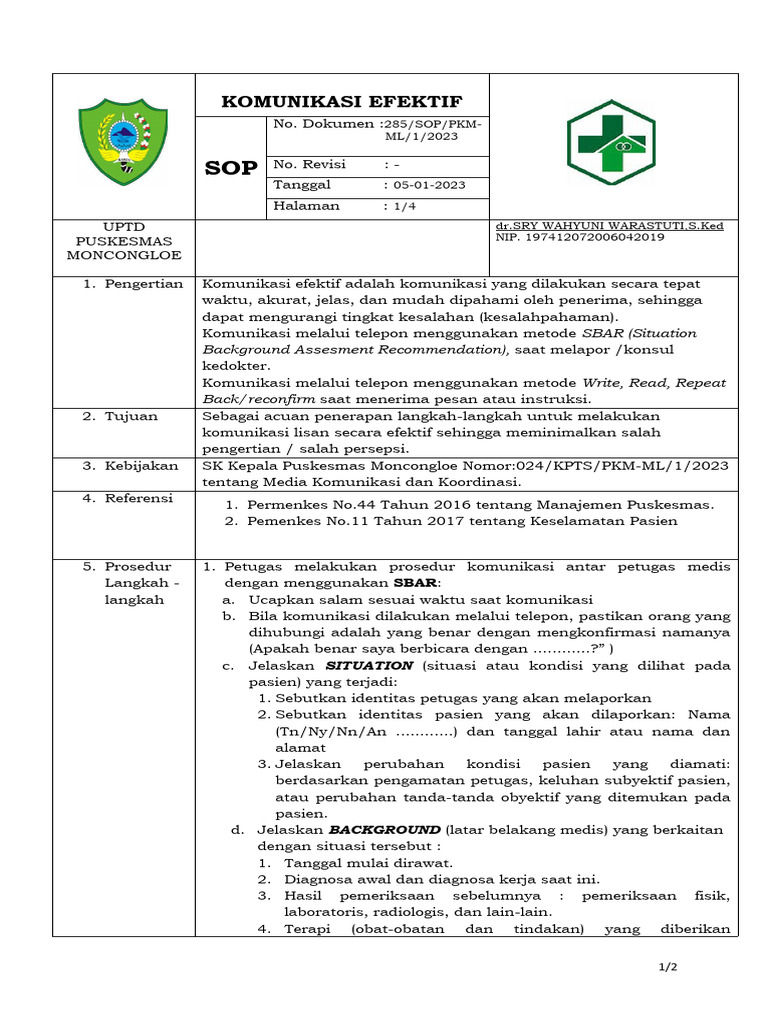 Sop Komunikasi Efektif Kes - Pasien | PDF
