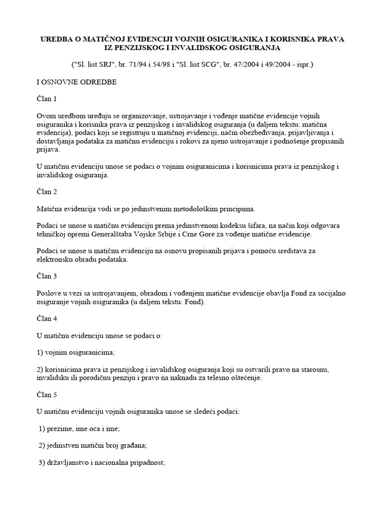 Uredba o Mat - Evid.voj - Osig. | PDF