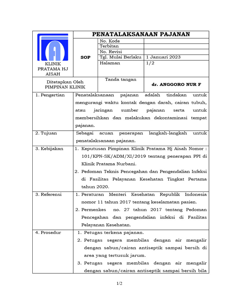 PMKP 3.1 Sop Penatalaksanaan Pajanan | PDF