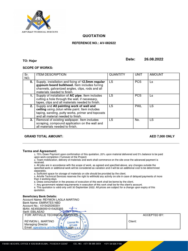 Bulkhead Ceiling Quotation | PDF