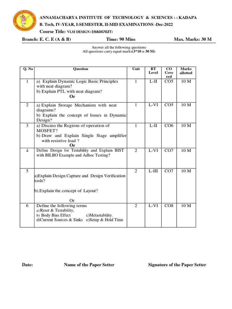 Vlsi Design - II Mid | PDF | Teaching Methods & Materials | Computers