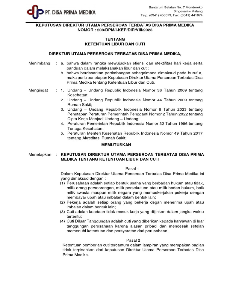 Ketentuan Cuti PT Disa Prima Medika | PDF