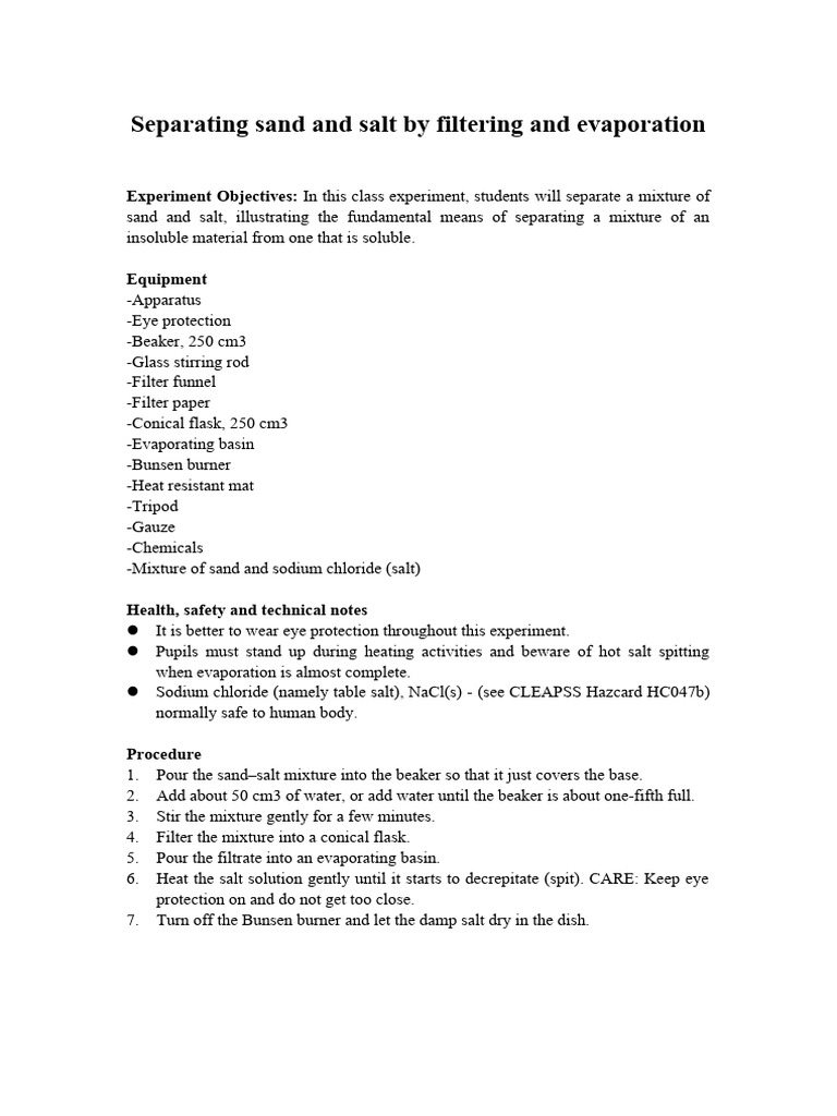 Sand and Salt Separation Experiment | PDF