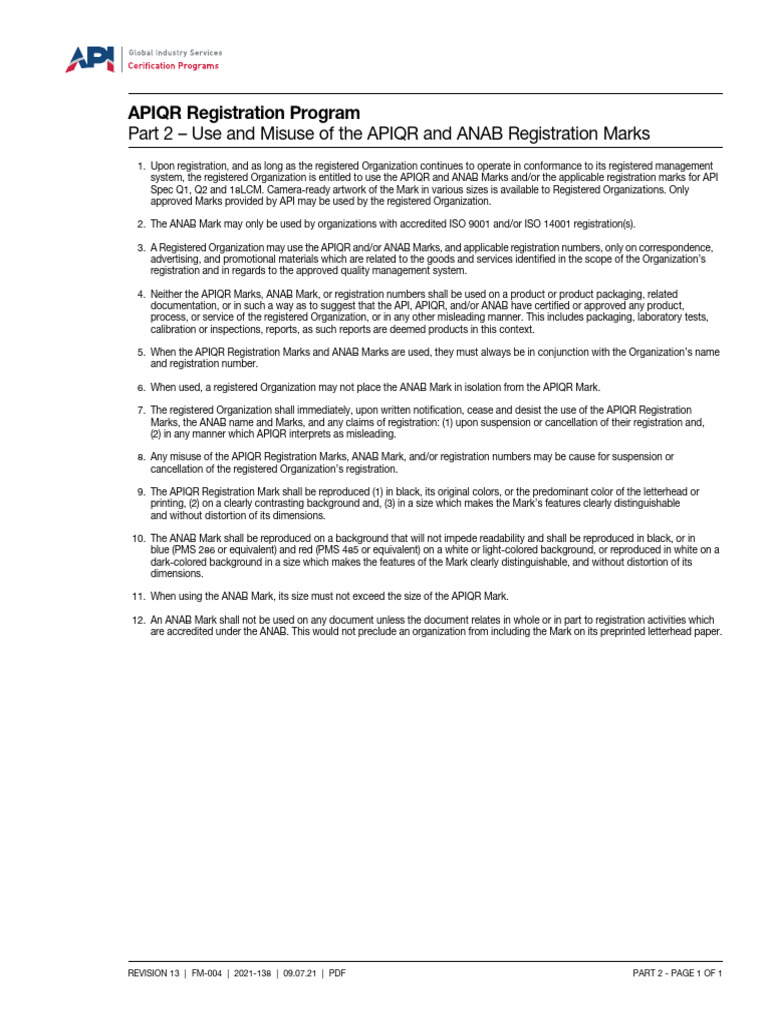 Use and Misuse of The APIQR and ANAB Registration Marks Rev.13 | PDF