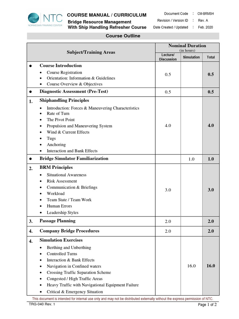 02 BRM-SH Refresher (STOLT) - Course Outline - Draft | PDF